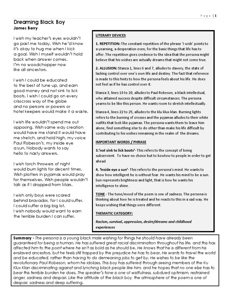 Dreaming Black Boy's Literary Analysis | PDF | Love | Poetry