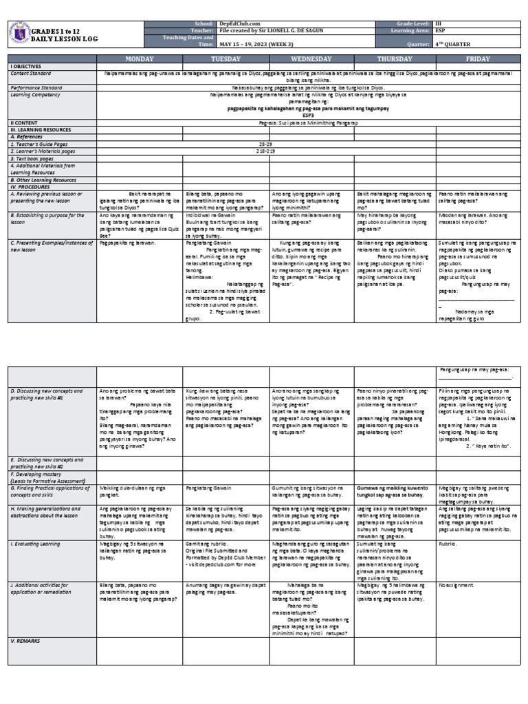 DLL - Esp 3 - Q4 - W3 | PDF