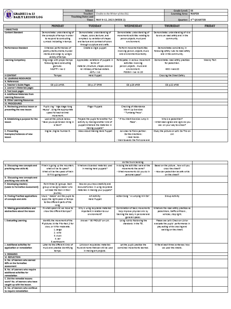 DLL - Mapeh 3 - Q4 - W2 | PDF | Learning | Cognitive Science