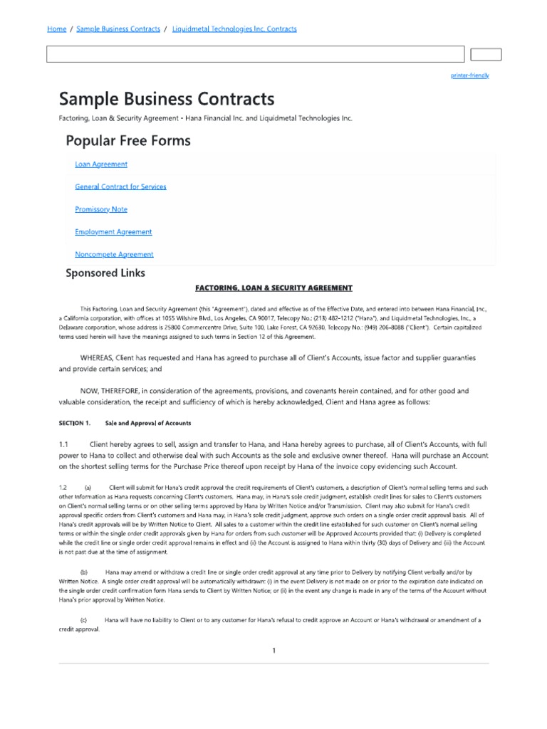 FACTORING, LOAN & SECURITY AGREEMENT (California) PDF | PDF