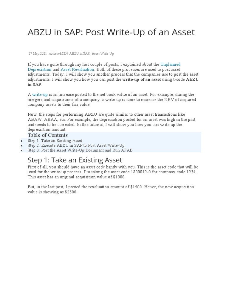 ABZU in SAP - Post Write-Up of An Asset | Download Free PDF | Depreciation | Book Value