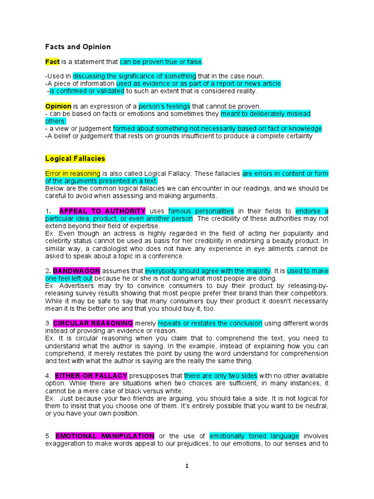 FACT OPINION Logical Fallacies | PDF | Fallacy | Reason