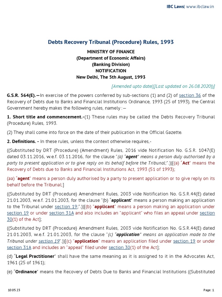 IBC Laws| DRT Procedure Rules Summary | PDF | Affidavit | Tribunal