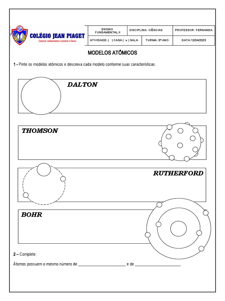 Atividades sobre Modelos Atômicos 9º Ano | PDF | Elétron | Íon