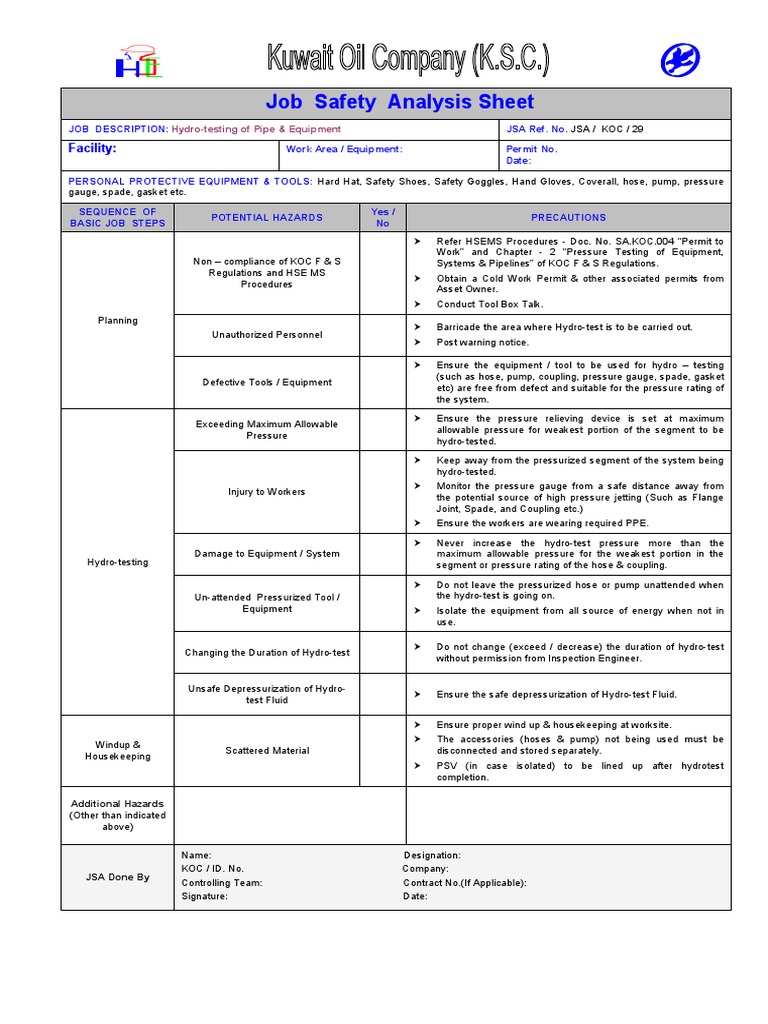 JSA - Hydro-Testing of Pipe & Equipment | Download Free PDF | Pump ...