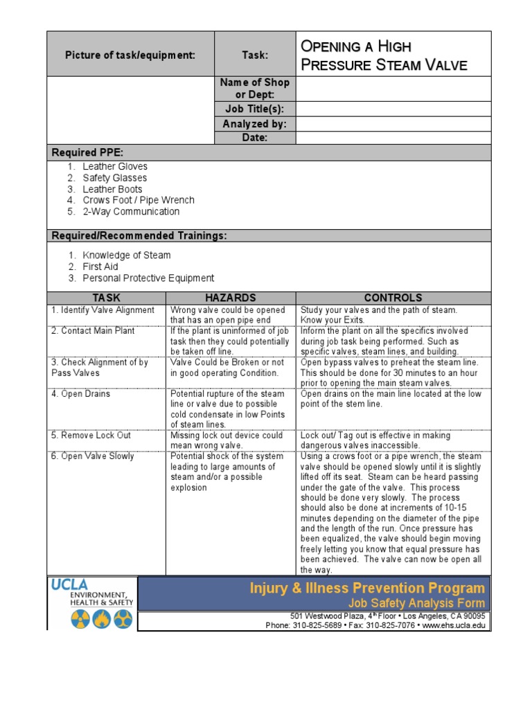 JSA - Opening A High Pressure Steam Valve | PDF | Valve | Personal ...