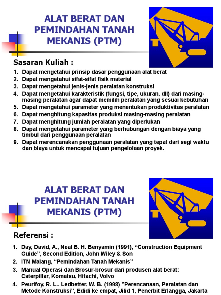 Alat Berat Dan Pemindahan Tanah Mekanis (PTM) : Sasaran Kuliah | PDF