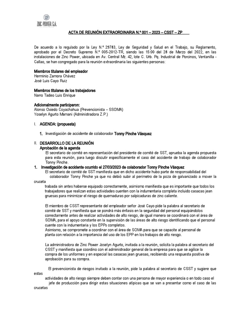 Acta 001-2023 - Reunion Extraordinaria Z.P. | PDF