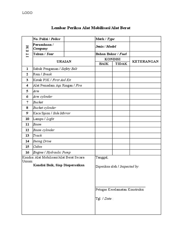 Checklist Alat Berat | PDF