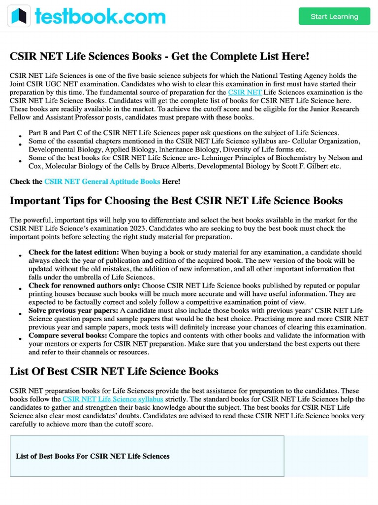 CSIR NET Life Sciences Books - Get The Complete List Here! | PDF