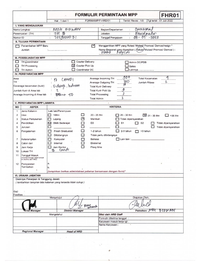 FORM MPP KURIR PICKUP TH18 CANDI RIZAL MULYAWAN | PDF