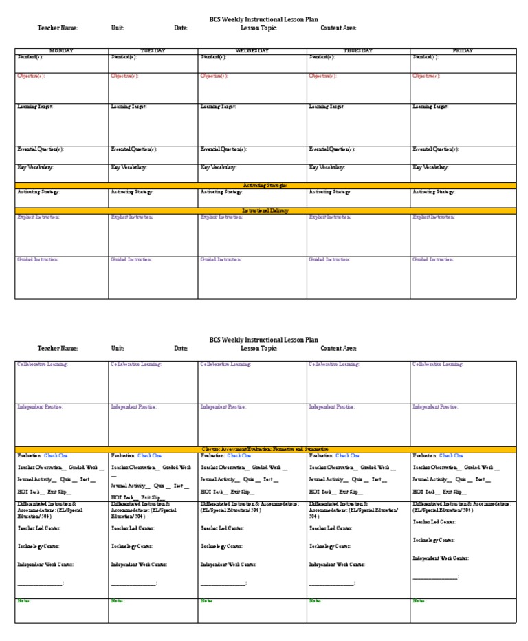 BCS Weekly Lesson Plan Template | PDF | Differentiated Instruction ...