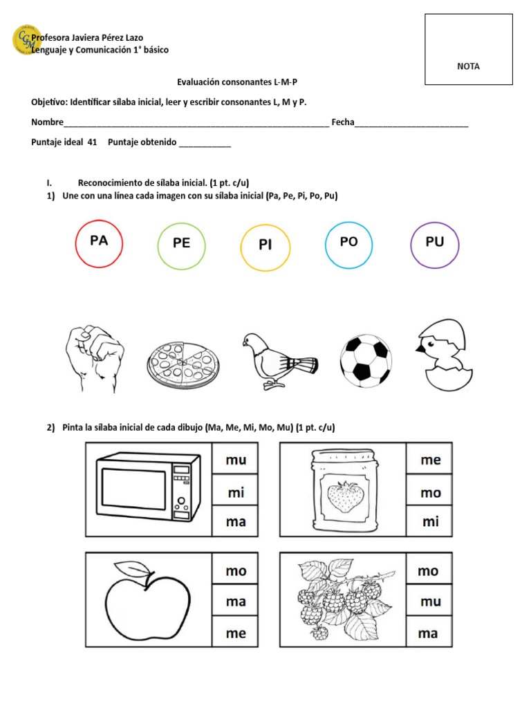Evaluación de Consonantes L, M y P | PDF | Artes del Lenguaje y ...