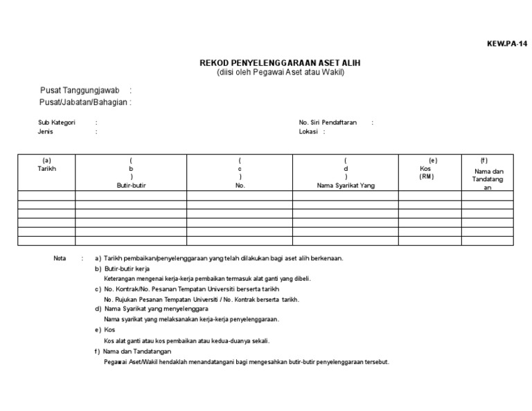 Rekod Penyelenggaraan Aset Alih | PDF
