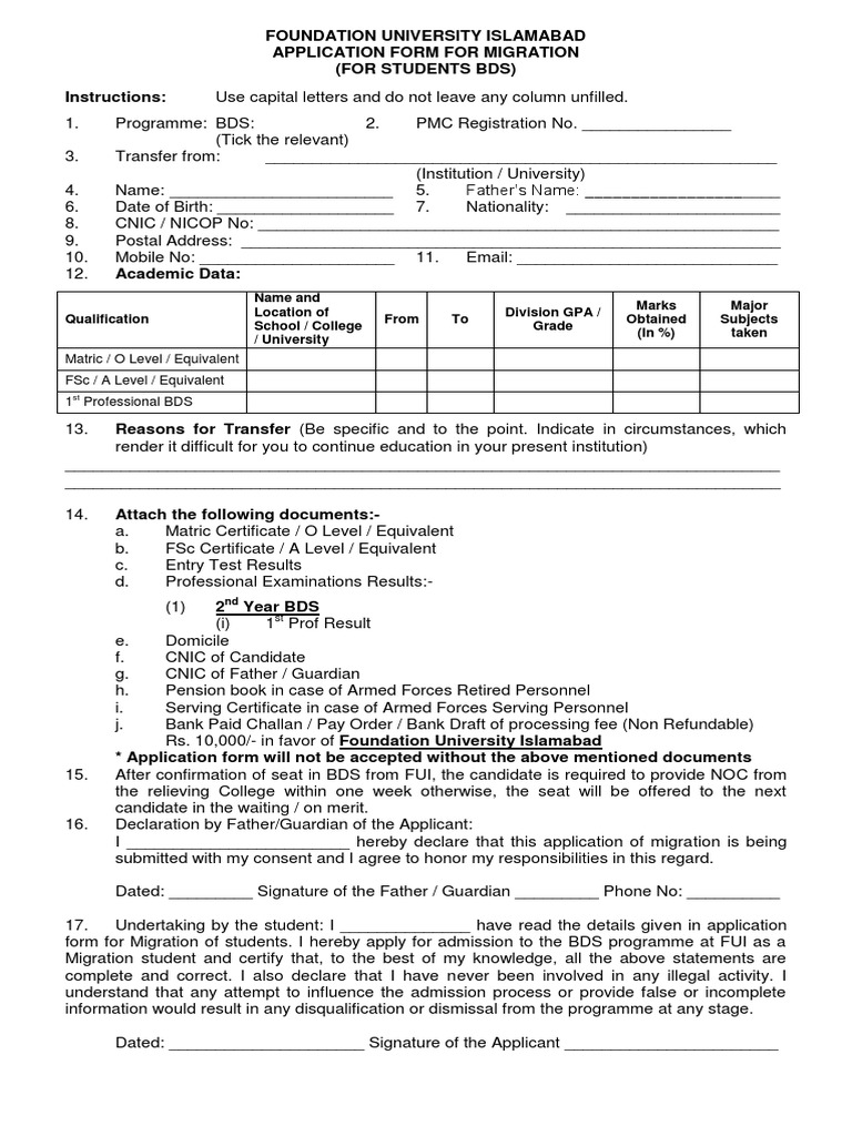Application Form For BDS Migration 2023 | PDF | Dental Degree
