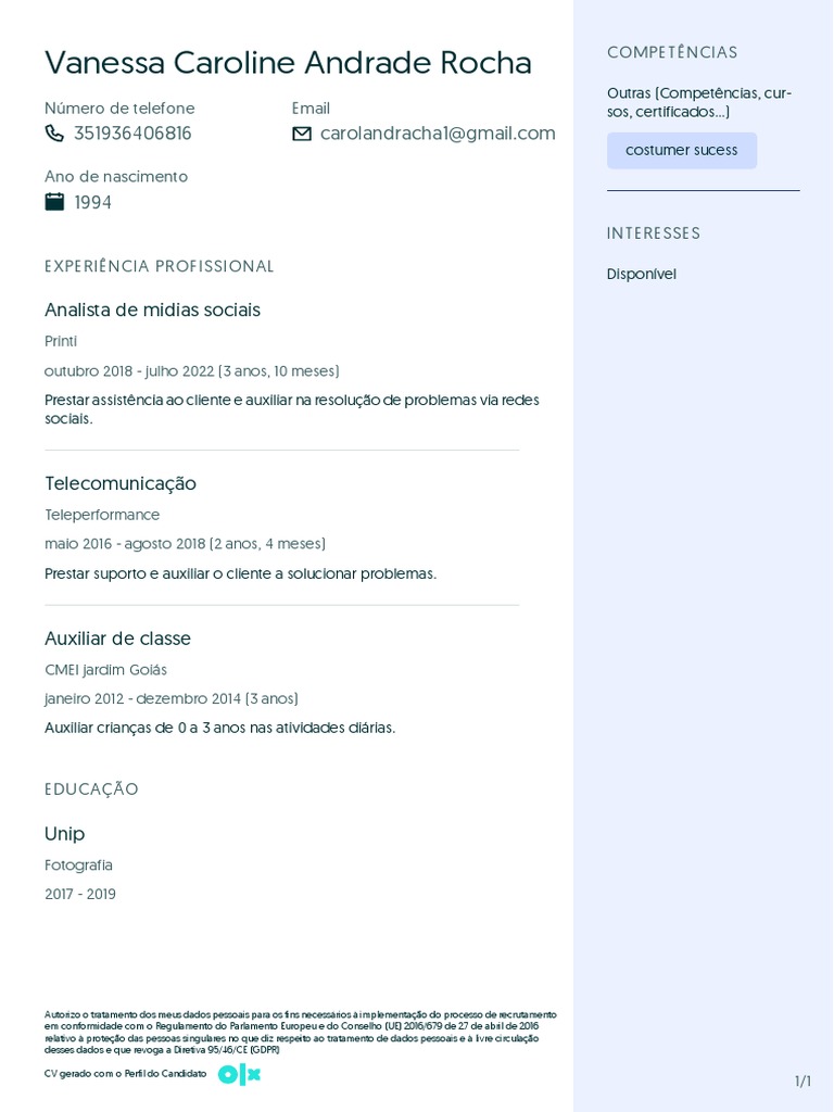 Vanessa+caroline Andrade+rocha CV PDF | PDF
