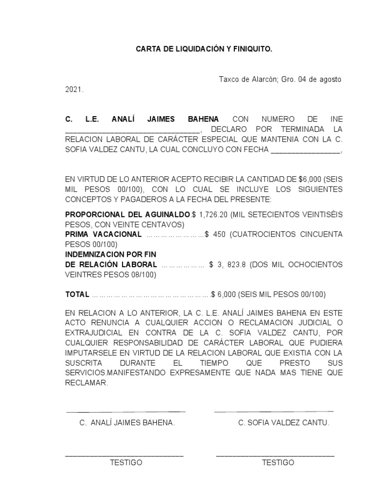 Carta de Liquidaciã - N y Finiquito | PDF