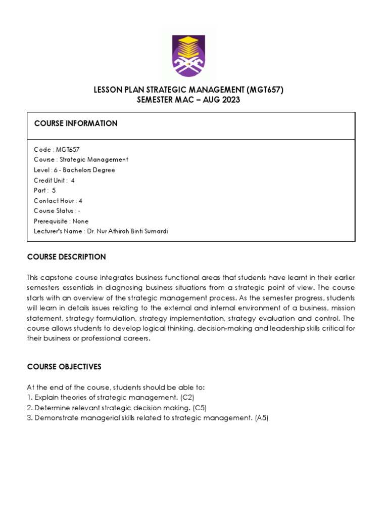 Strategic Management Course Plan | PDF | Strategic Management | Lesson Plan