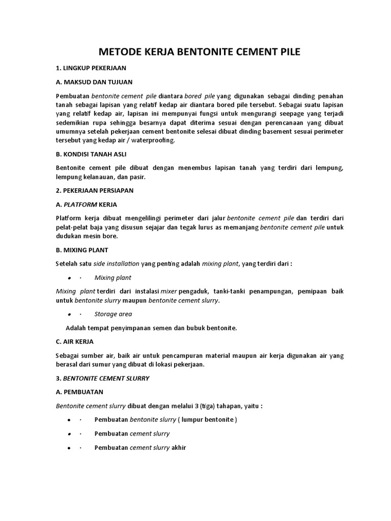 Metode Kerja Bentonite Cement Pile | PDF