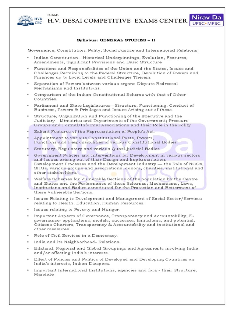 UPSC GS II Syllabus | PDF | Separation Of Powers | Governance