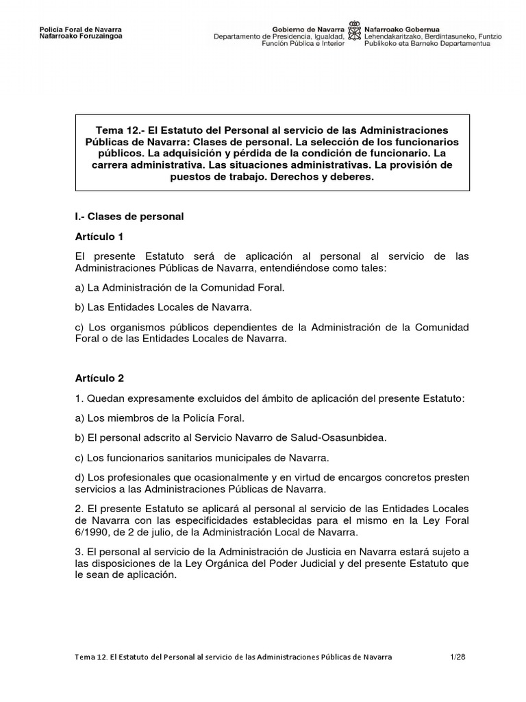 Tema 12. El Estatuto Del Personal Al Servicio de Las Administraciones Públicas de Navarra PDF ...