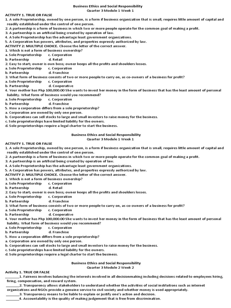 Business Ethics and Social Responsibility Quarter 3 M1 W1 Activity ...