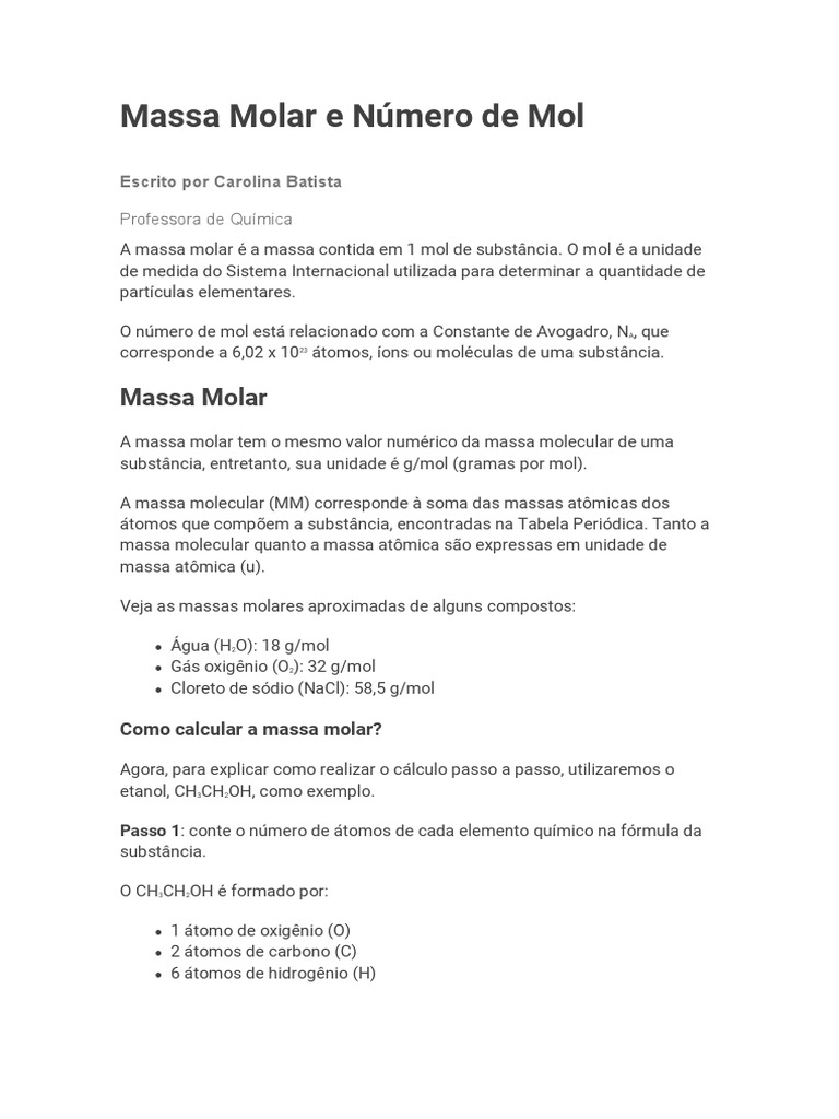 Cálculo da Massa Molar e Mol | PDF | Mol (unidade) | Massa molecular