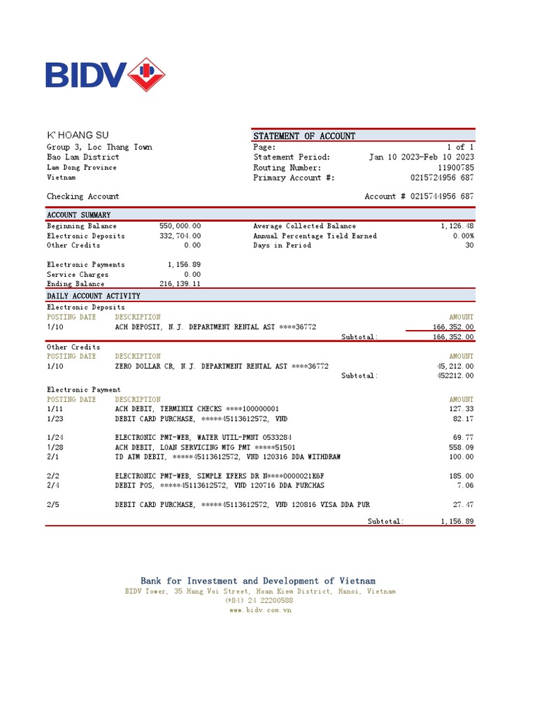 BIDV Bank Statement Summary | PDF | Debit Card | Economies