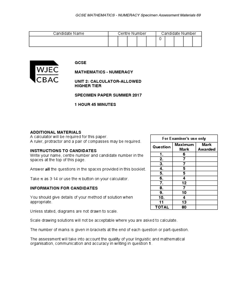 Numeracy WALES ONLY Higher P2 Blank | PDF | Area
