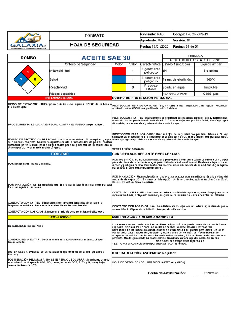 Hoja de Seguridad - Aceite SAE 30 | PDF | Agua | Residuos