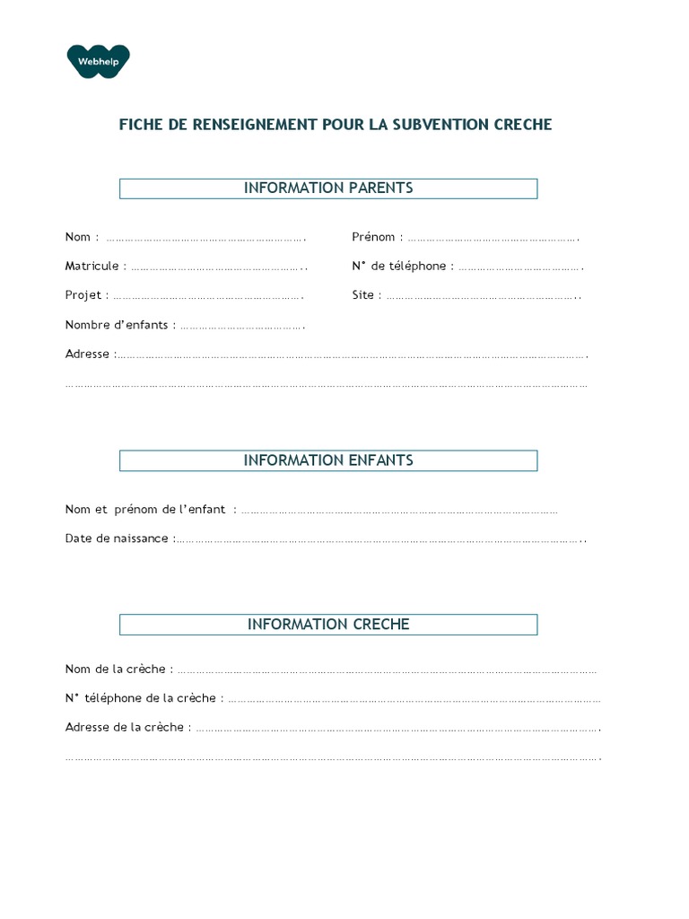 Fiche de Renseignement Pour La Subvention Creche - Maj 2020 PDF | PDF