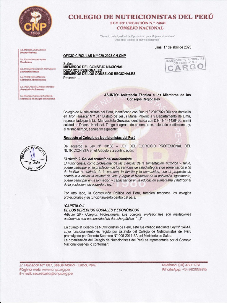 Oficio Circular N 029-CNP-CN | PDF | Dietético | Nutrición