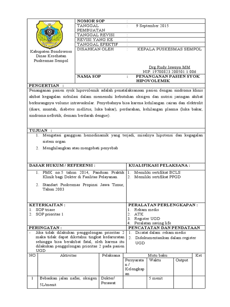 SOP Penanganan Syok Hipovolemik | PDF