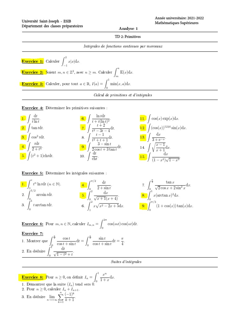 Intégrales et Primitives en Mathématiques Supérieures | PDF | Intégral | Analyses