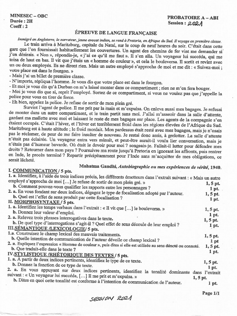Preuve de Langue Française - Probatoire Série A - Abi - Session 2021 ...
