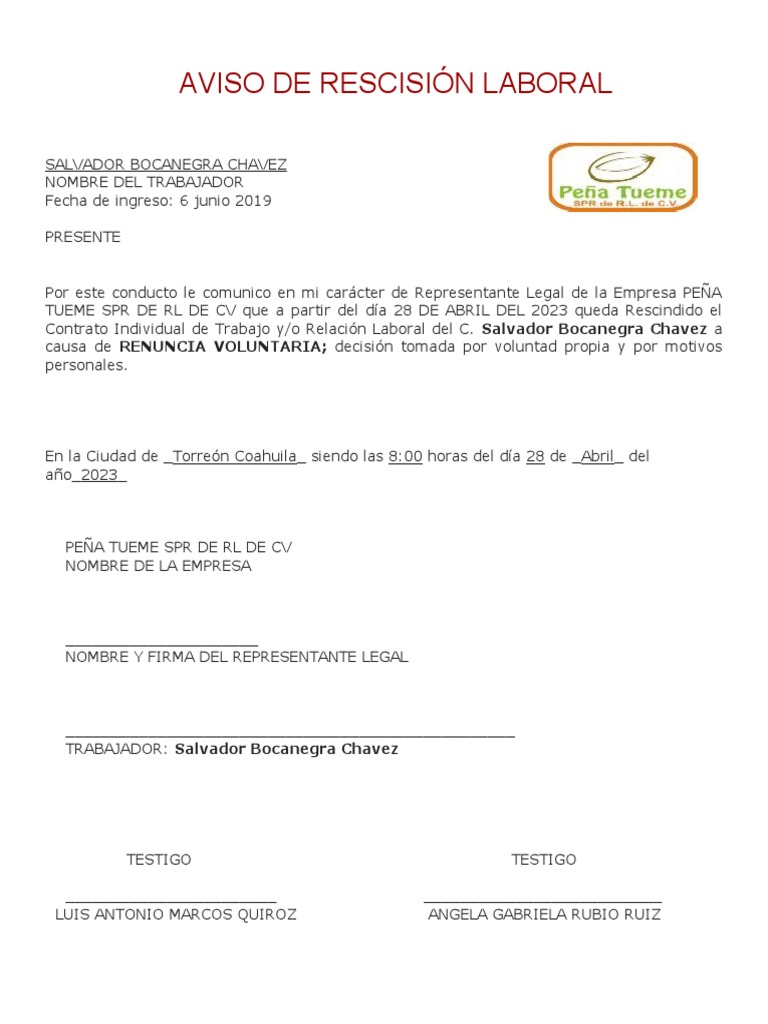 Aviso De Rescision De Contrato Laboral/modelo Rescision De Contrato Laboral