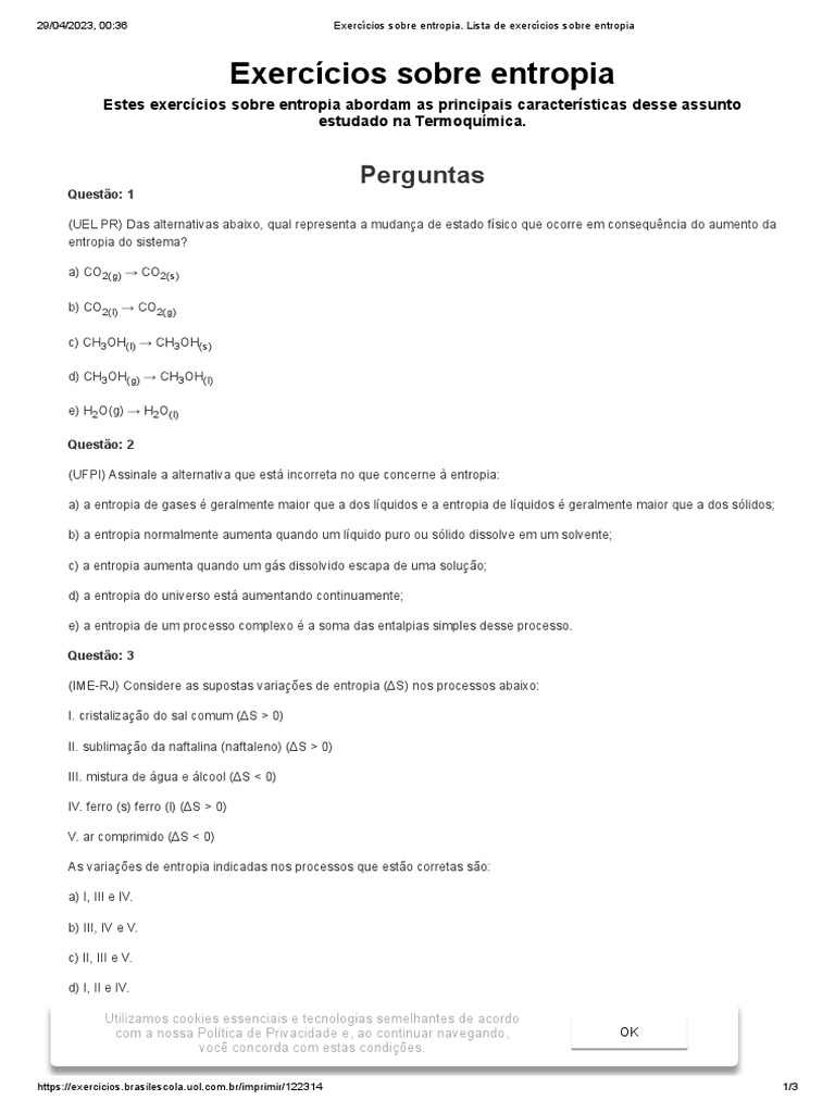 Exercícios Sobre Entropia. Lista de Exercícios Sobre Entropia | PDF