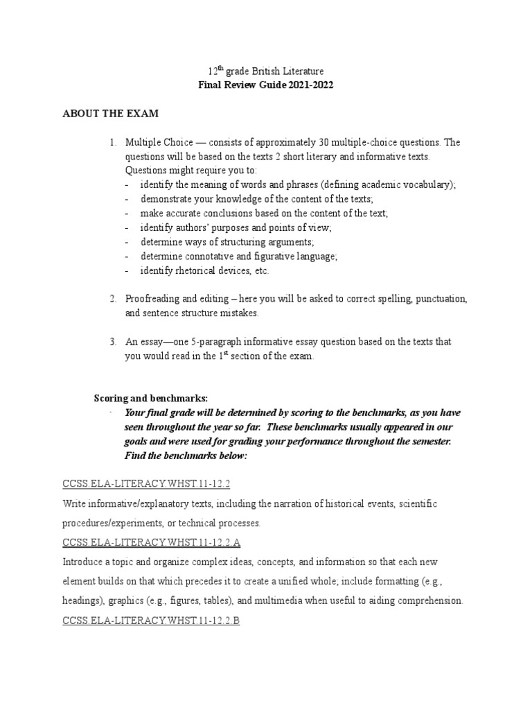 12th Grade British Literature Final Review Guide 2021-2022 | PDF ...