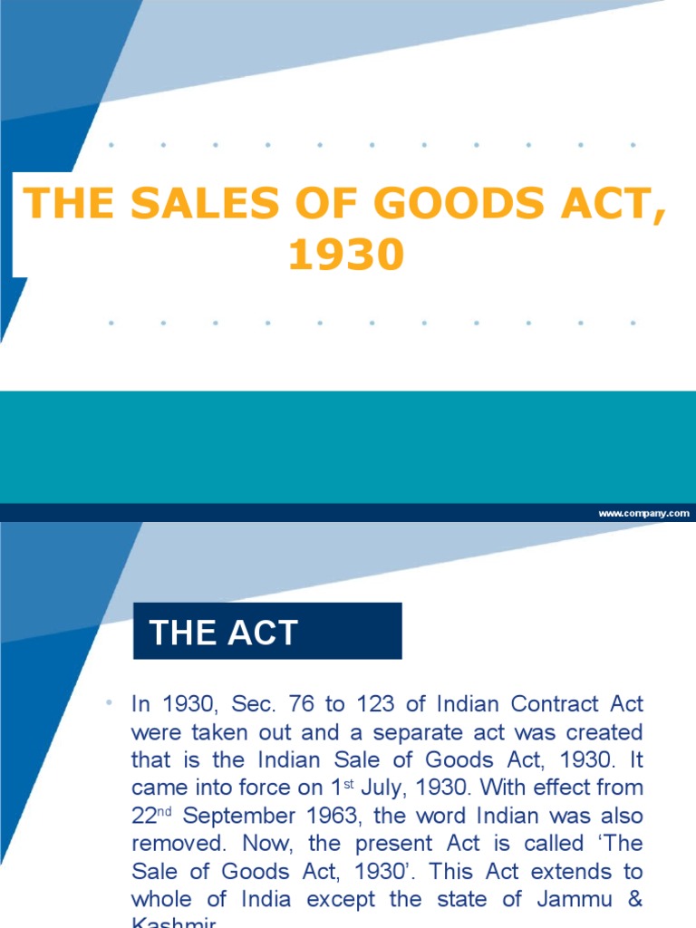 Sales of Goods Act, 1930 | PDF | Goods | Sales