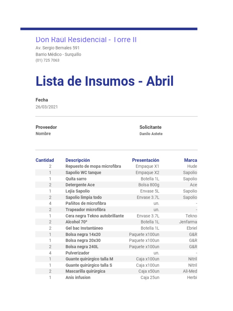 Lista de Insumos - Abril | PDF