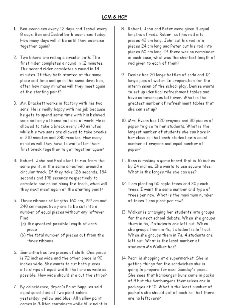 LCM - GCF Word Problems | PDF | Foods | Nature