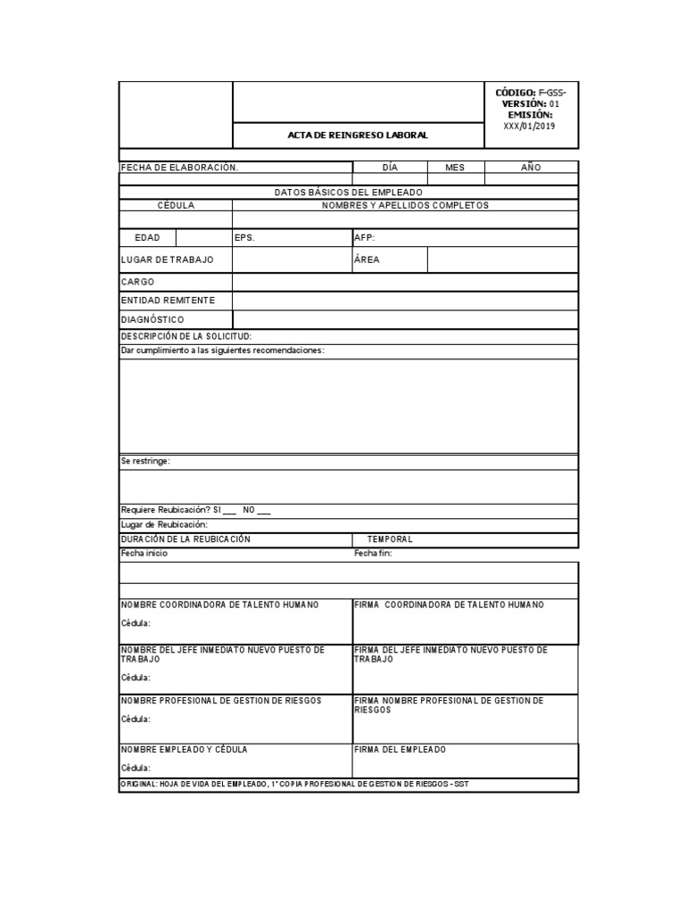 FORMATO PARA ACTAS DE REINTEGRO LABORAL | PDF