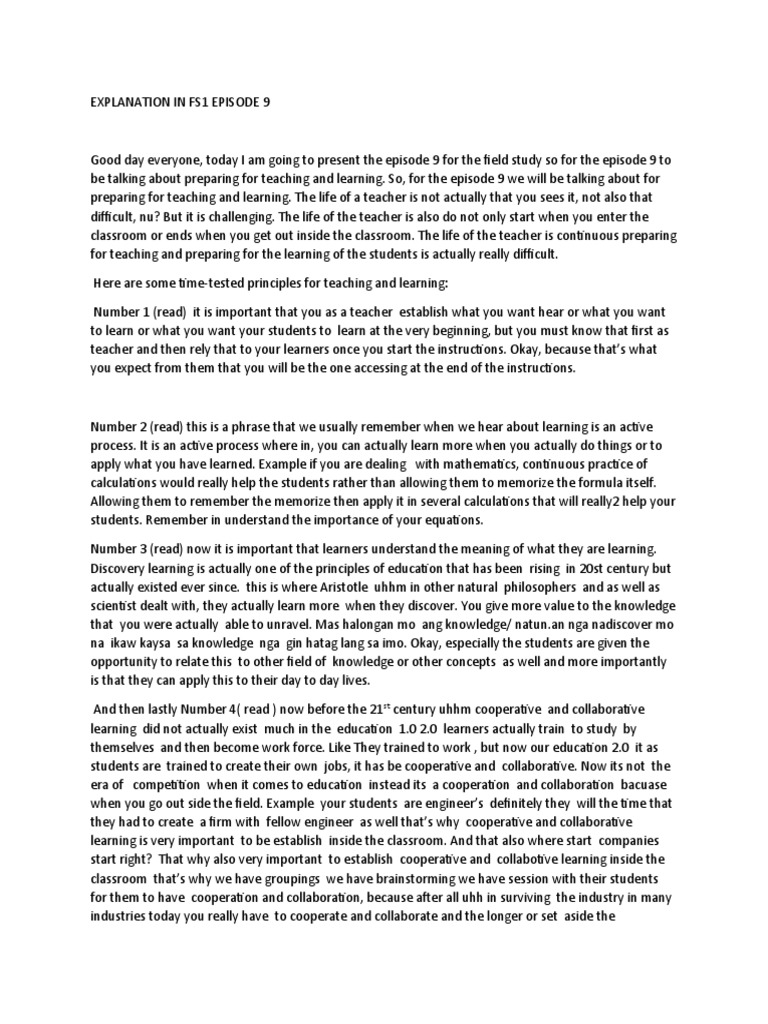 Explanation in FS1 Episode 9 | PDF | Learning | Teachers