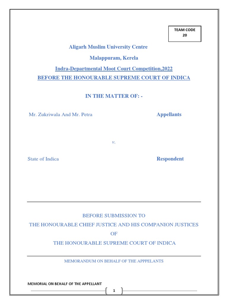 (Nameera Meraj) Memorial On Behalf of Appellant (Team 20) | PDF ...