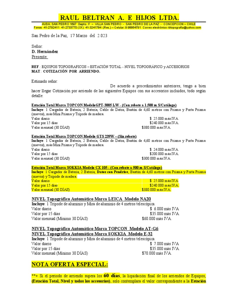 D Hernandez 17 03 2023 Cotización Arriendo de Equipos Topográficos | PDF | Equipo