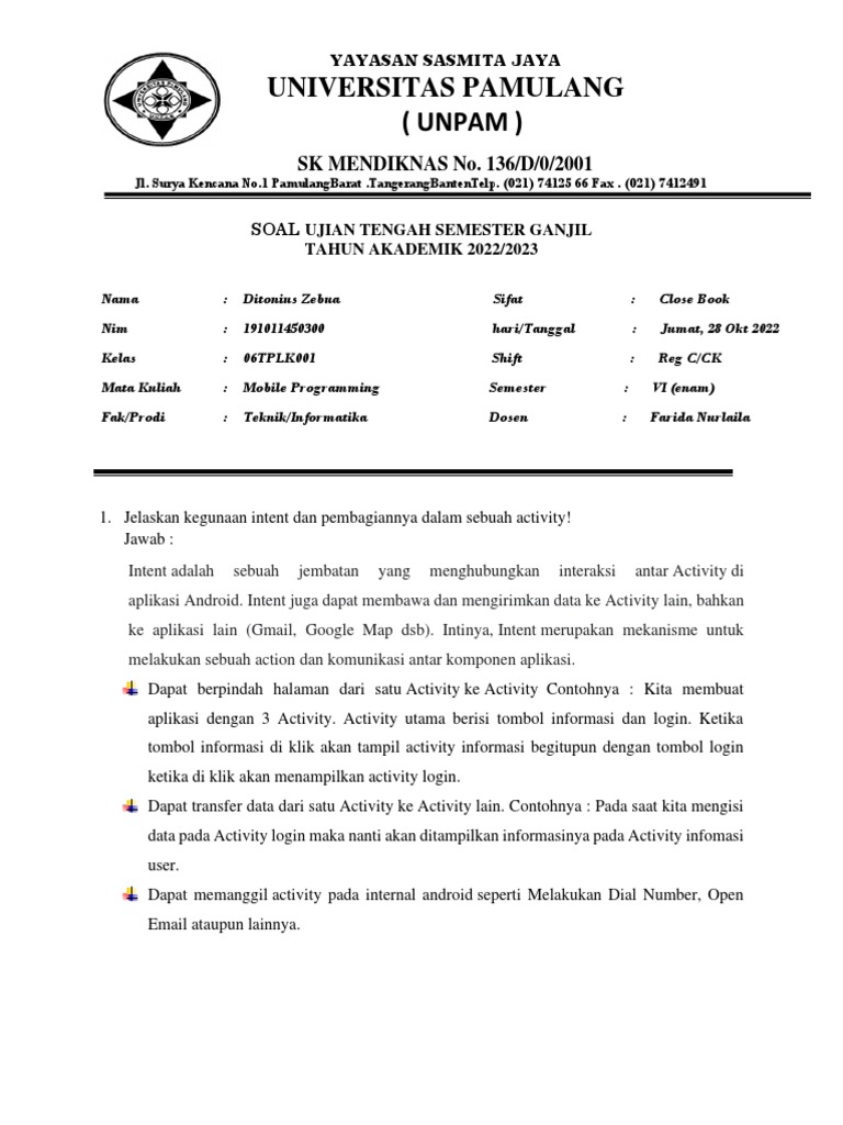 Uts Mobile Programming - Ditonius Zebua - 191011450300 | PDF | Komputer