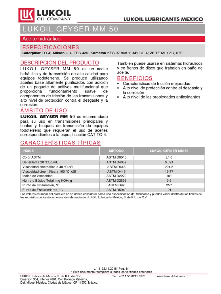 Aceite Hidráulico LUKOIL GEYSER MM 50 | PDF | Tecnología