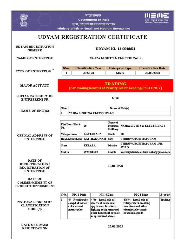 Print - Udyam Registration Certificate111111 | PDF | Retail | Economies