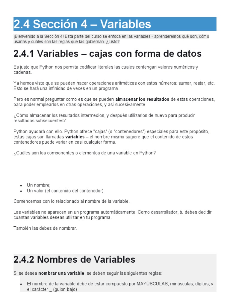 Corso Python - 2.4 Sección 4 - Variables | PDF | Python (lenguaje de programación ...