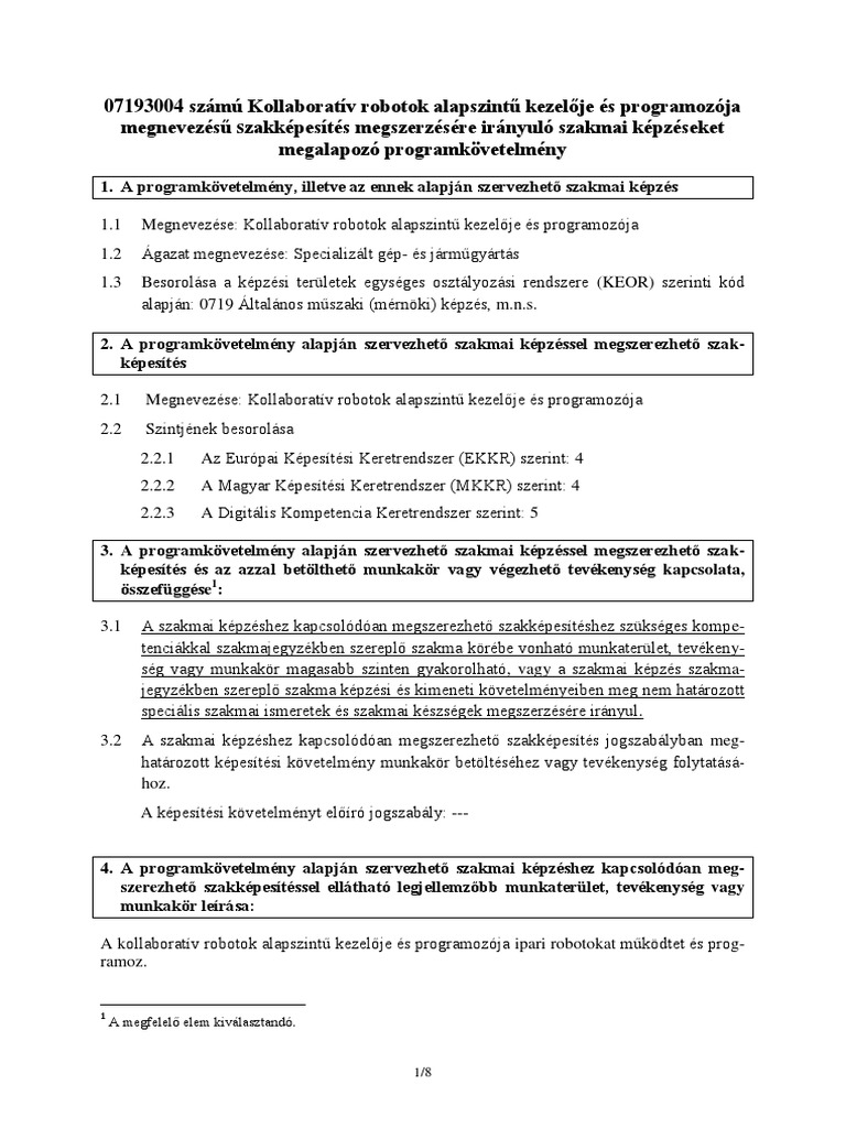 Kollaboratív Robotok Alapszintű Kezelője És Programozója | PDF